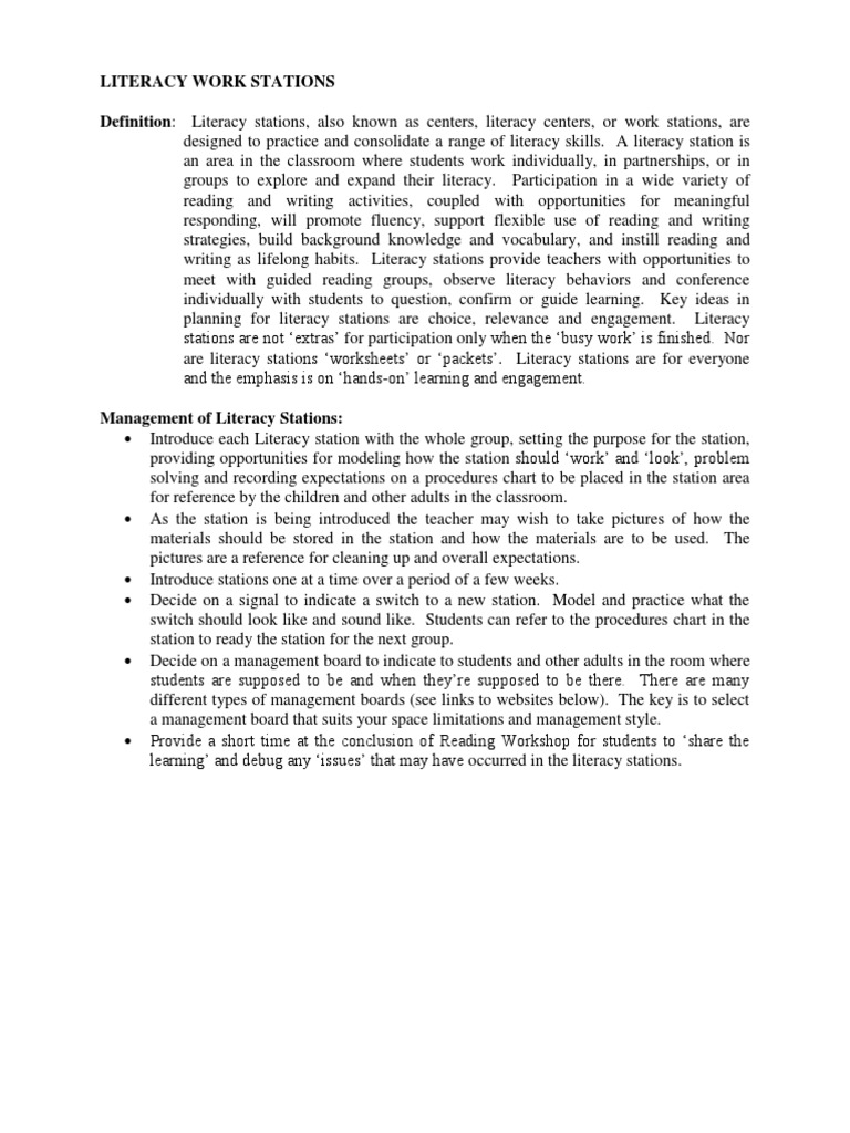 Literacy Work Stations | Download Free PDF | Literacy | Pedagogy