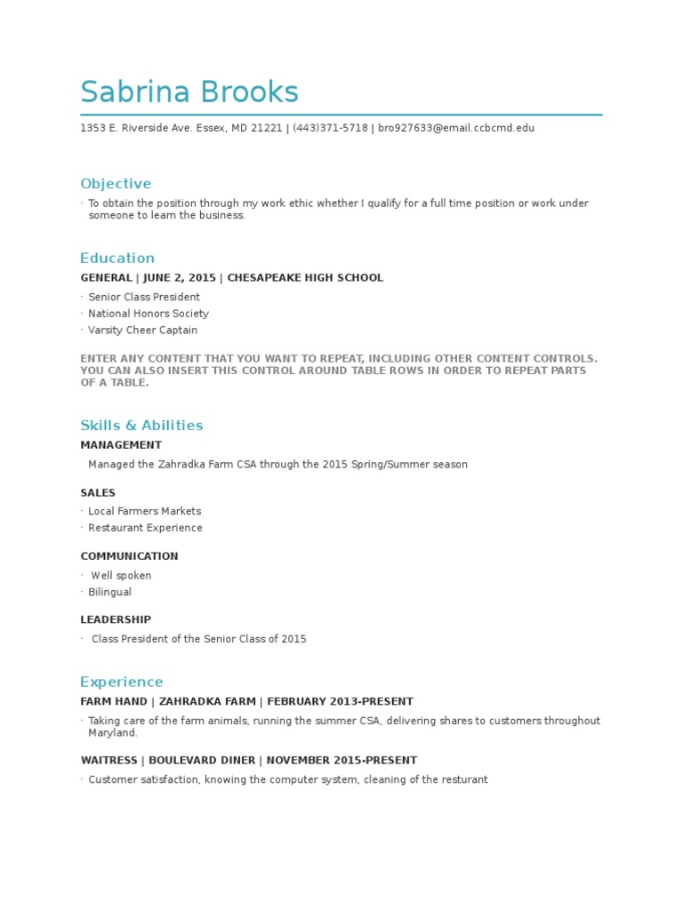 Sabrina Brooks: Objective | PDF