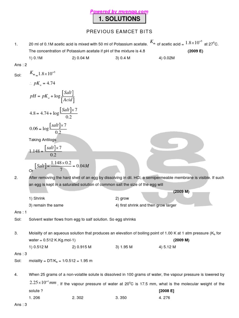 Solutions: Previous Eamcet Bits 1.8 10 × | PDF | Solution | Molar Concentration