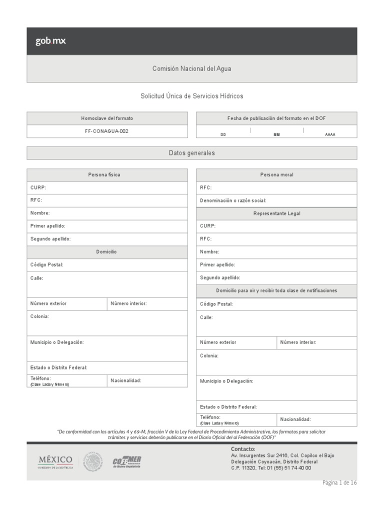 Formatos CONAGUA-01-001 Permiso de Descarga New | Personalidad jurídica | Agua