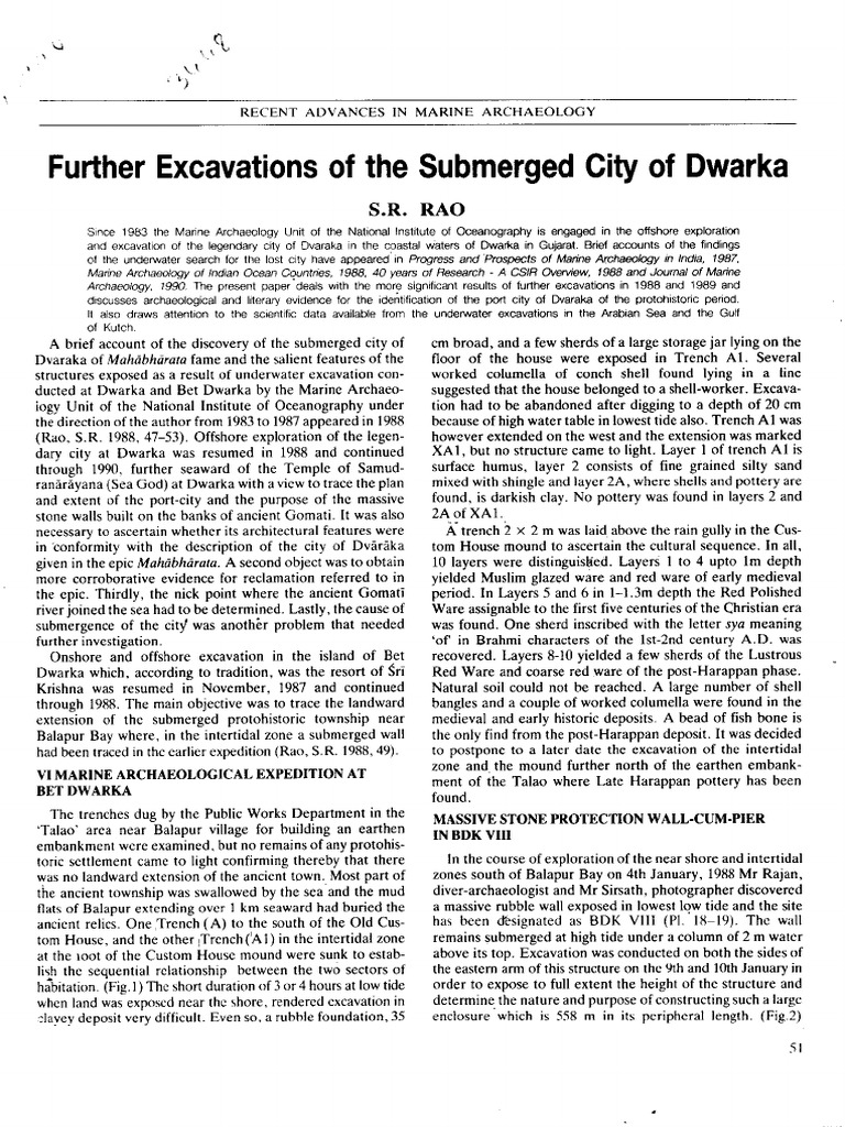 Further Excavations of The Submerged City of Dwarka - S. R. Rao | PDF