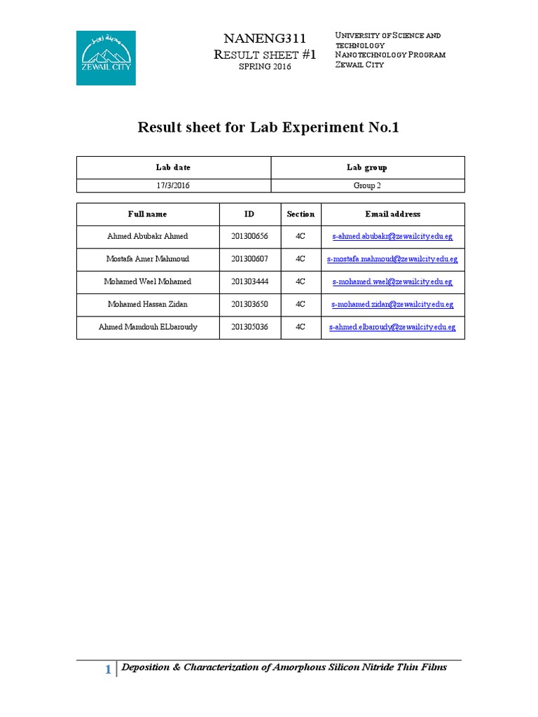 Amorphous Silicon Nitride Lab Results | PDF