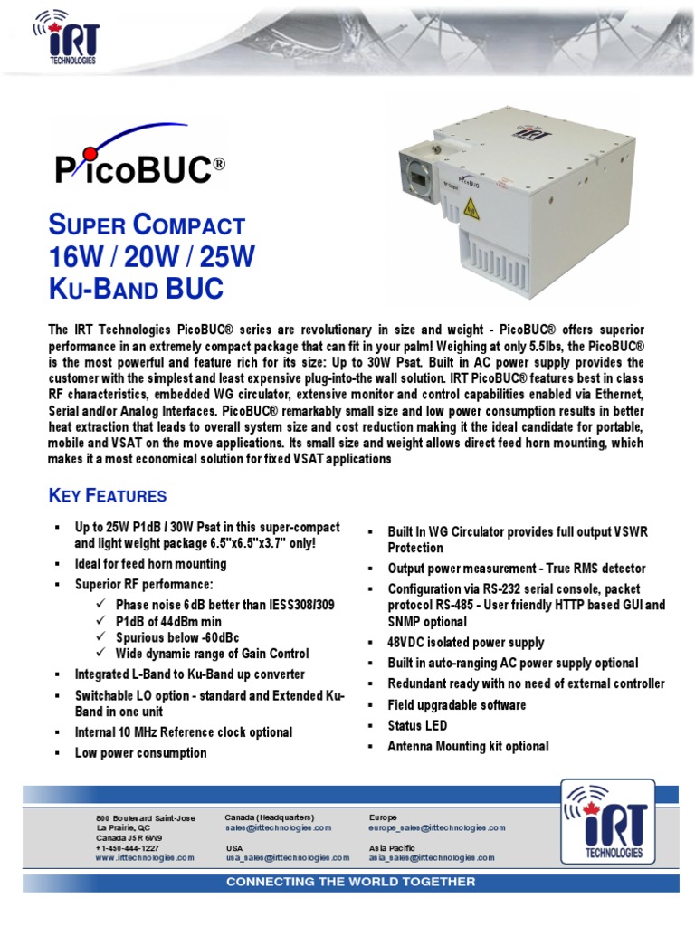 iRT Technologies PicoBUC Ku-Band 16W/20W/25W BUC Data Sheet | PDF ...