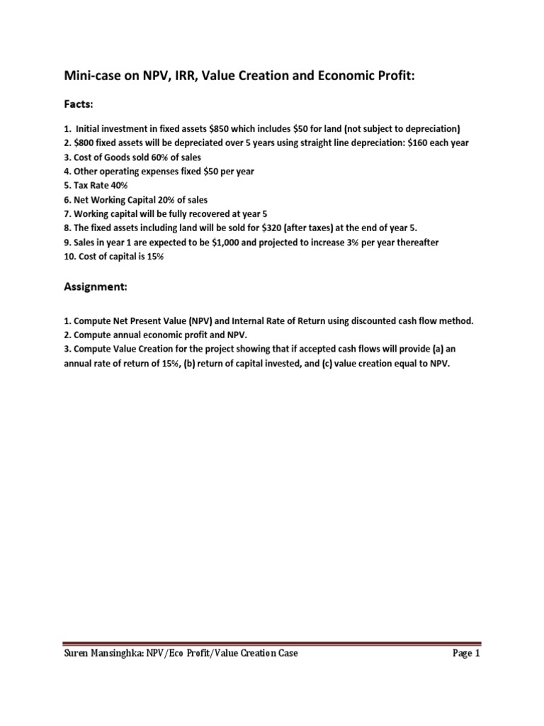 NPV and Economic Profit Analysis Case | PDF | Net Present Value ...