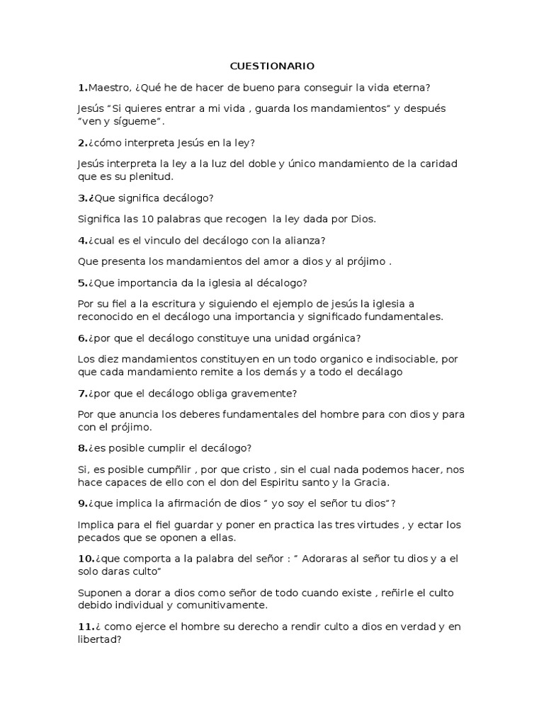 Cuestionario sobre los 10 Mandamientos | PDF | Diez Mandamientos | Dios