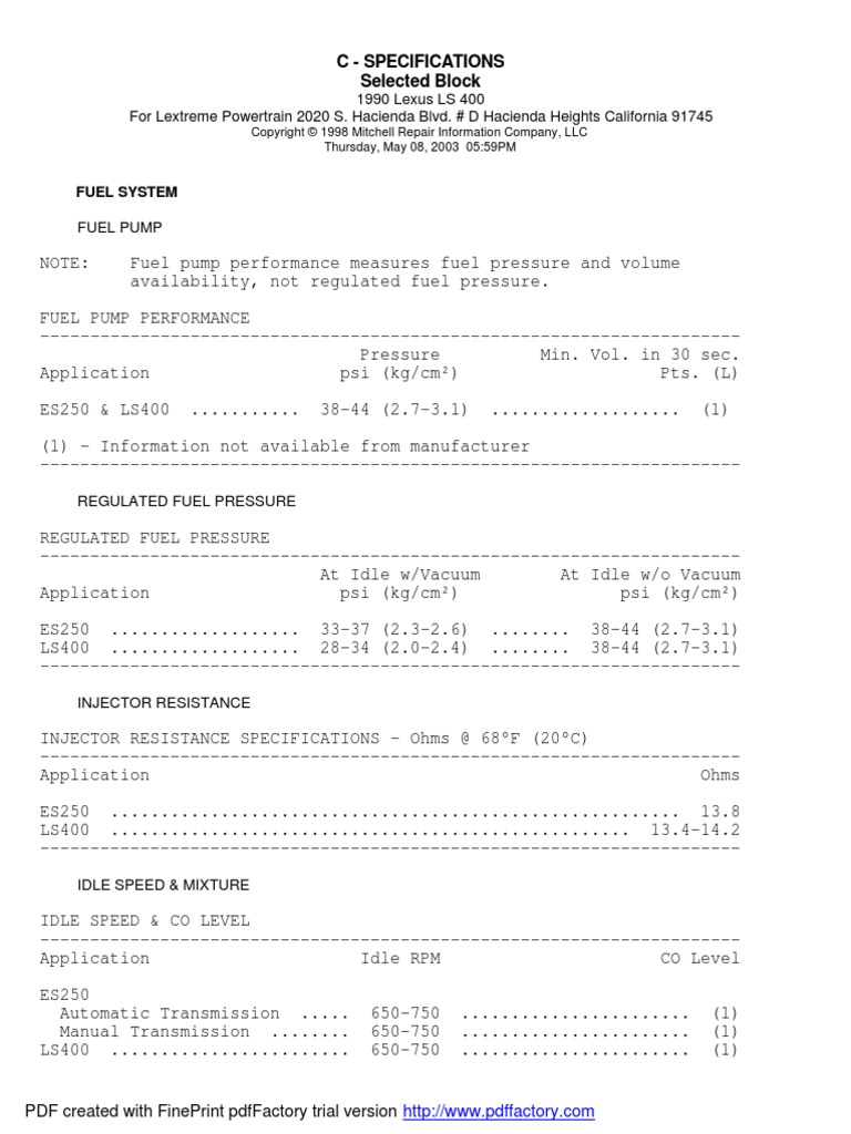 C - Specifications Selected Block: Fuel System | PDF | Throttle ...