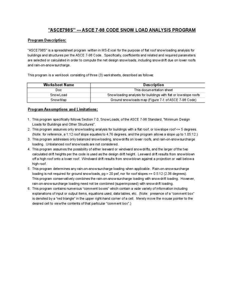 "Asce798S" - Asce 7-98 Code Snow Load Analysis Program | PDF | Snow | Roof