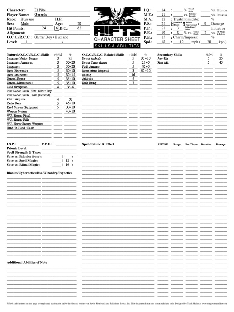 Rifts RPG Character Sheet Template | PDF