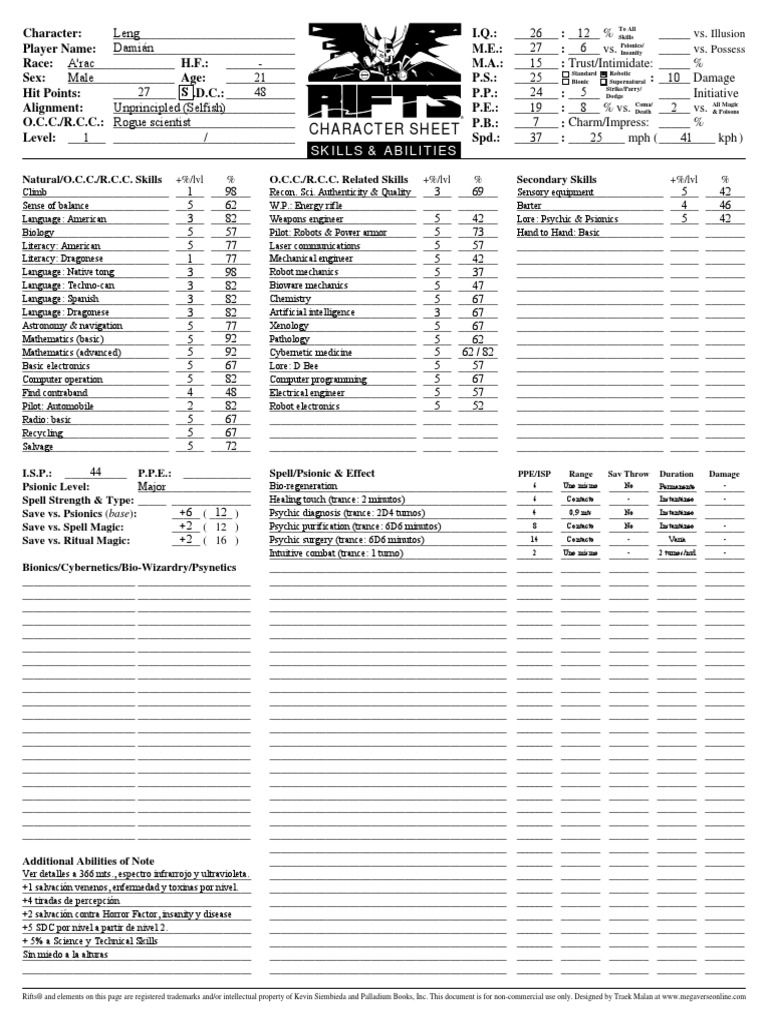 Character Sheet: Skills & Abilities | PDF