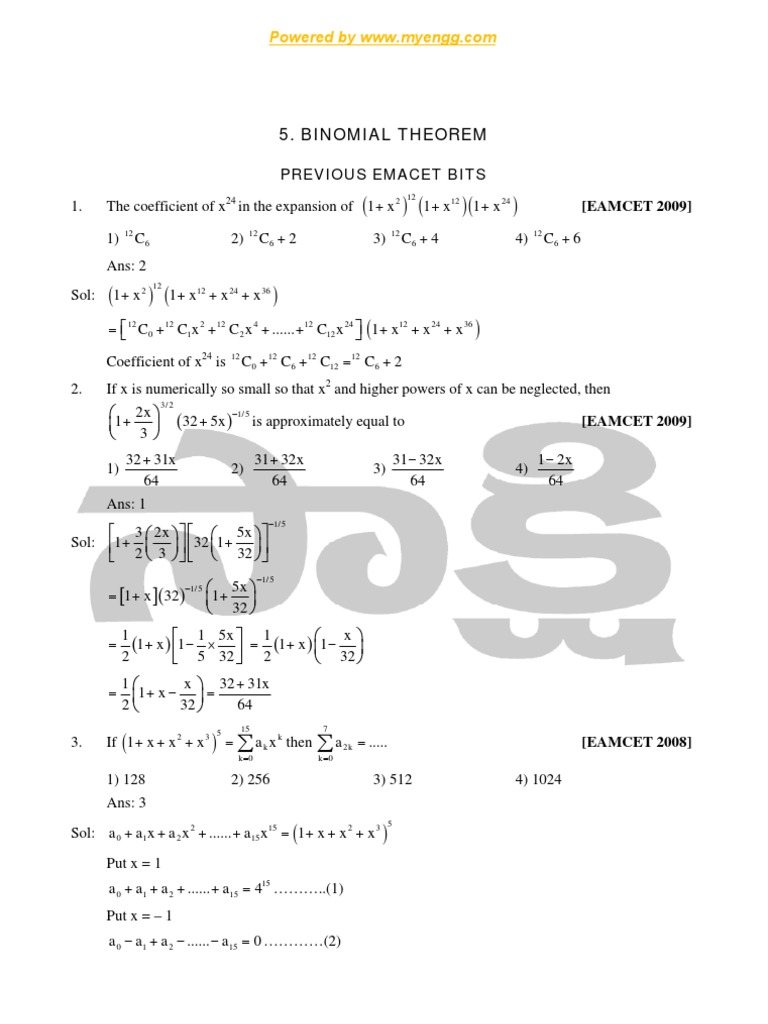 Binomial Theorem Exam Questions and Solutions | PDF | Complex Analysis ...