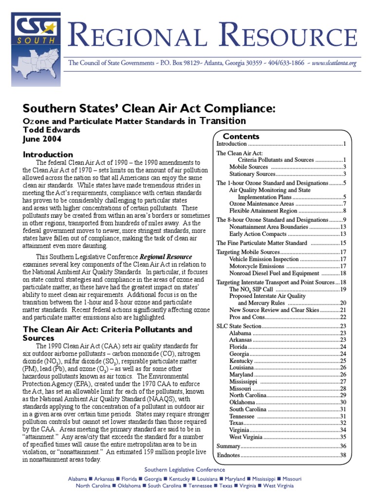Southern States' Clean Air Act Compliance: Ozone and Particulate Matter ...