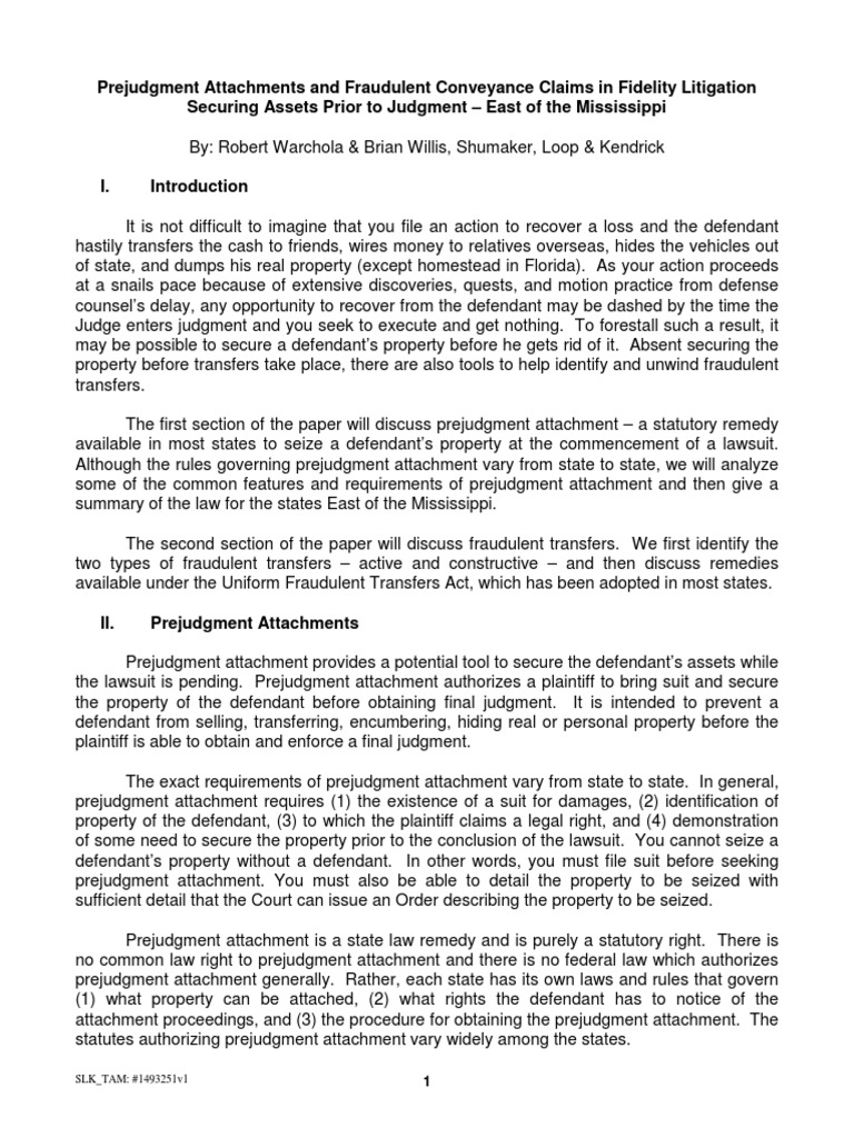 Prejudgment Attachments and Fraudulent Conveyance Claims in Fidelity ...