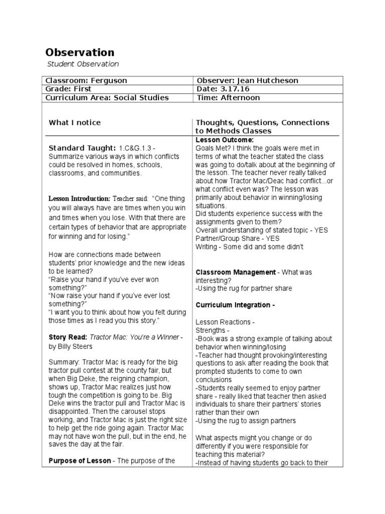Social Studies Observation | PDF | Classroom Management | Teachers