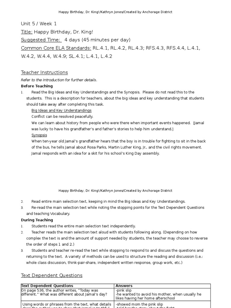 4.happy Birthday Dr. King!.Lesson - Basal | PDF | Martin Luther King Jr ...