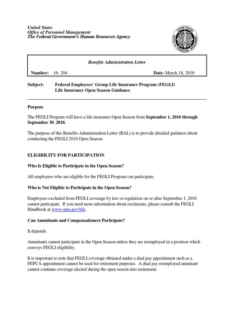 FEGLI 2016 Open Season Guidance | PDF | United States Federal Civil ...