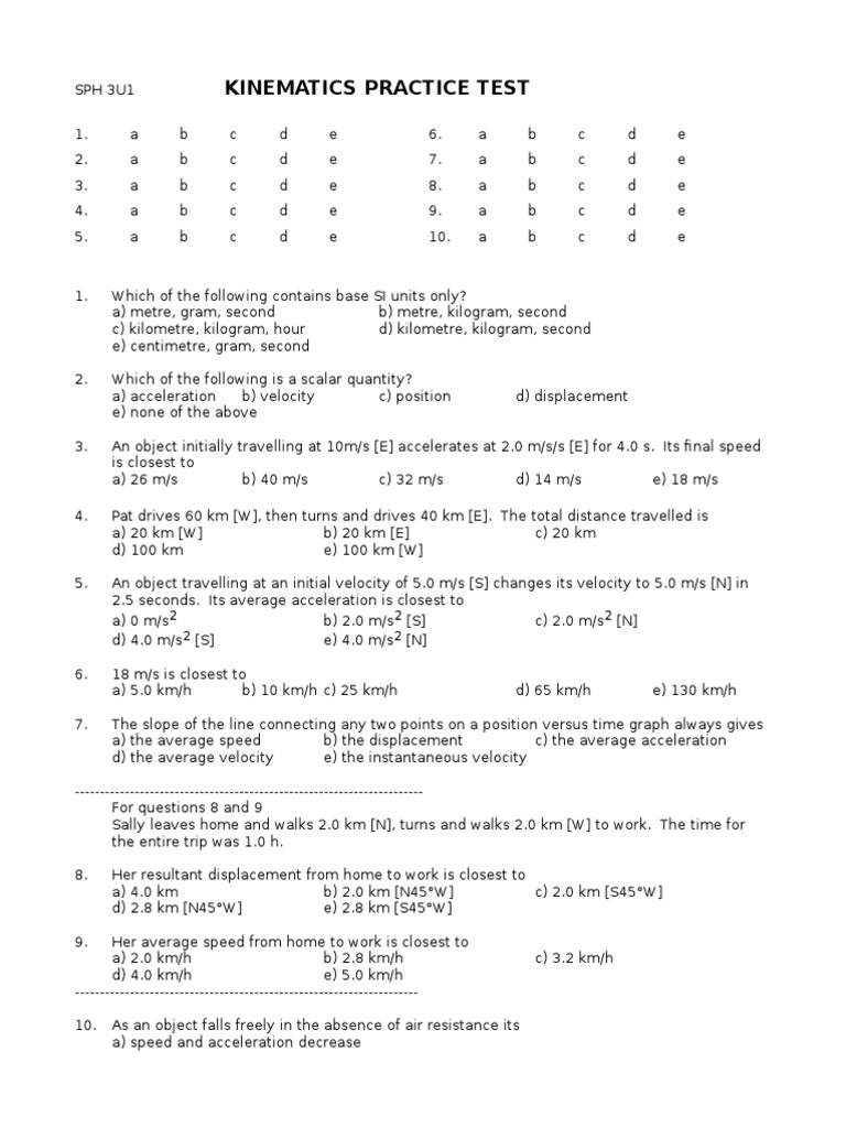 Kinematics Practice Test 2015 | PDF | Speed | Velocity