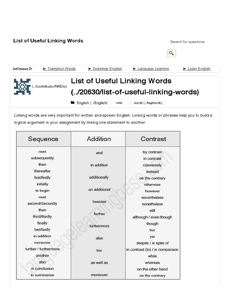 List of Useful Linking Words - Learn English, Words | PDF