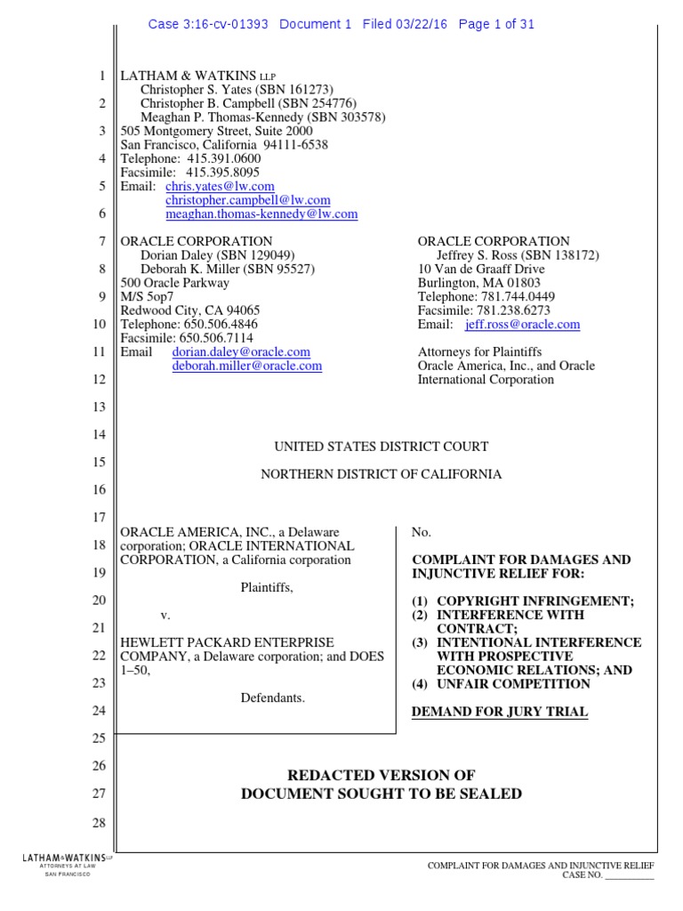 Oracle-HPE Copyright Complaint | PDF | Oracle Corporation | Hewlett Packard