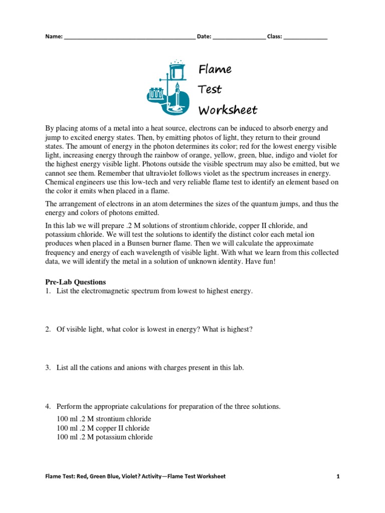 Flame Test Worksheet: Name: - Date: - Class | PDF | Electromagnetic ...