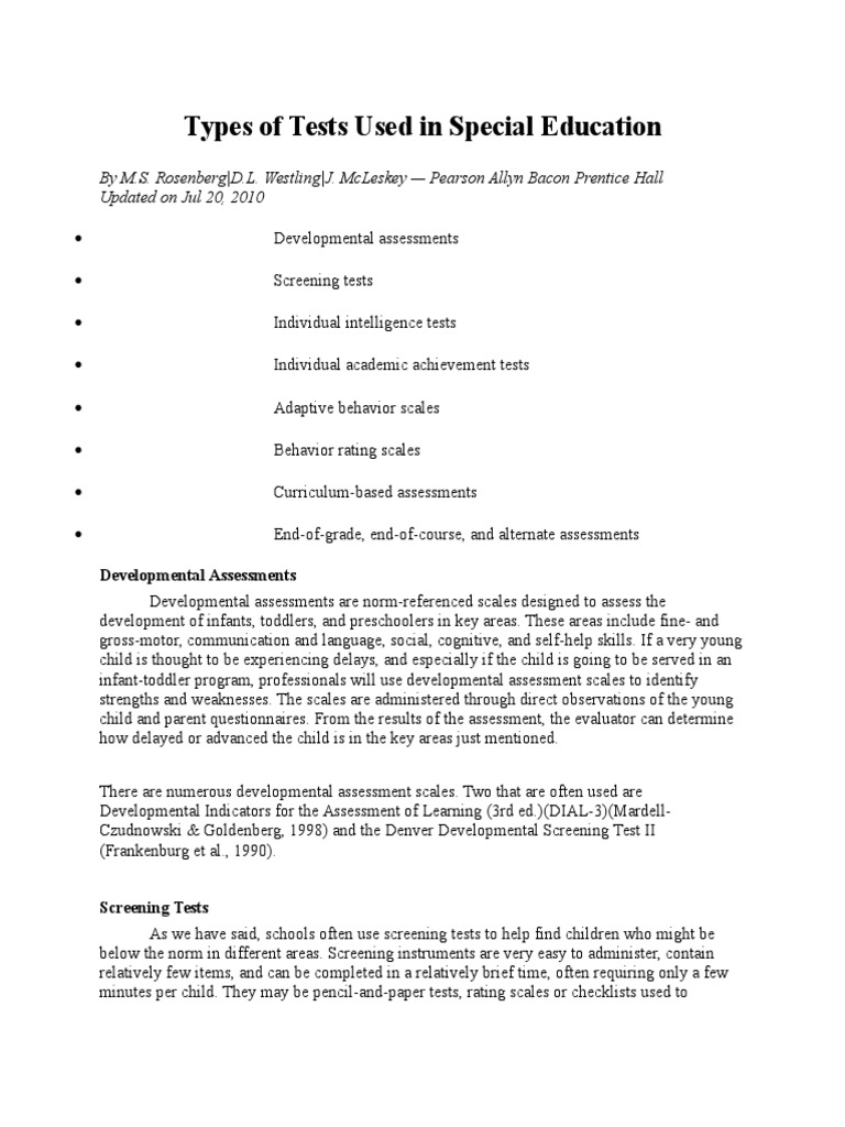 Types of Tests Used in Special Education | Download Free PDF ...