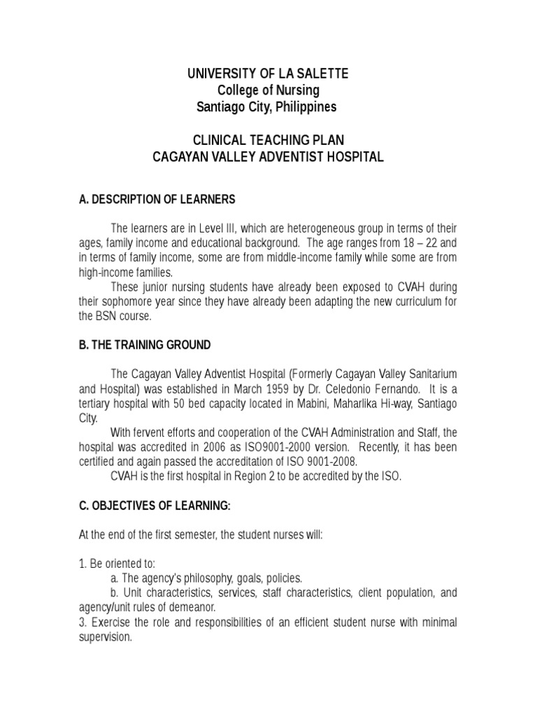Clinical Teaching Plan | PDF | Nursing | Hospital