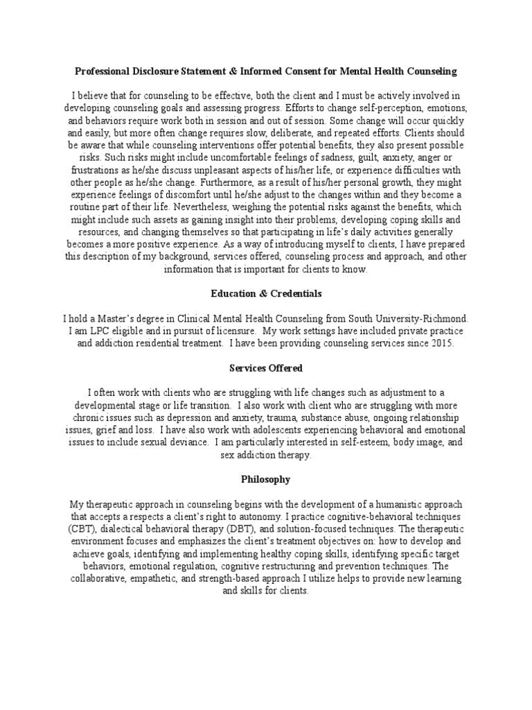 Professional Disclosure Statement | PDF | Cognitive Behavioral Therapy | Psychotherapy