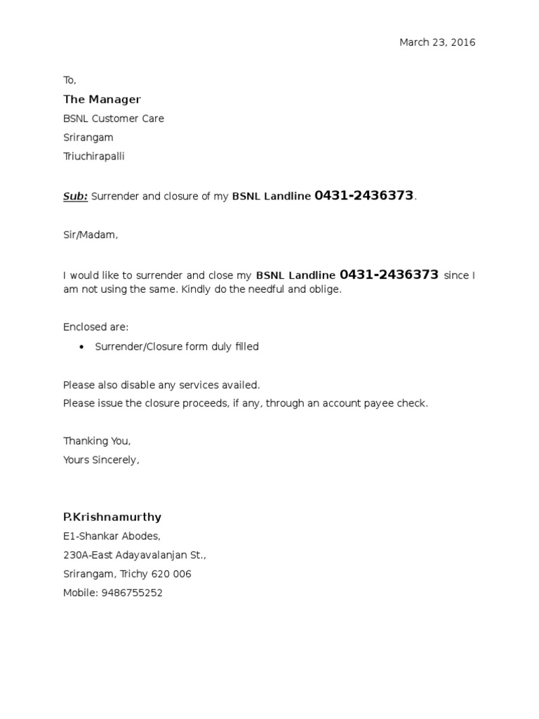 BSNL Landline Broadband Closure Letter | PDF