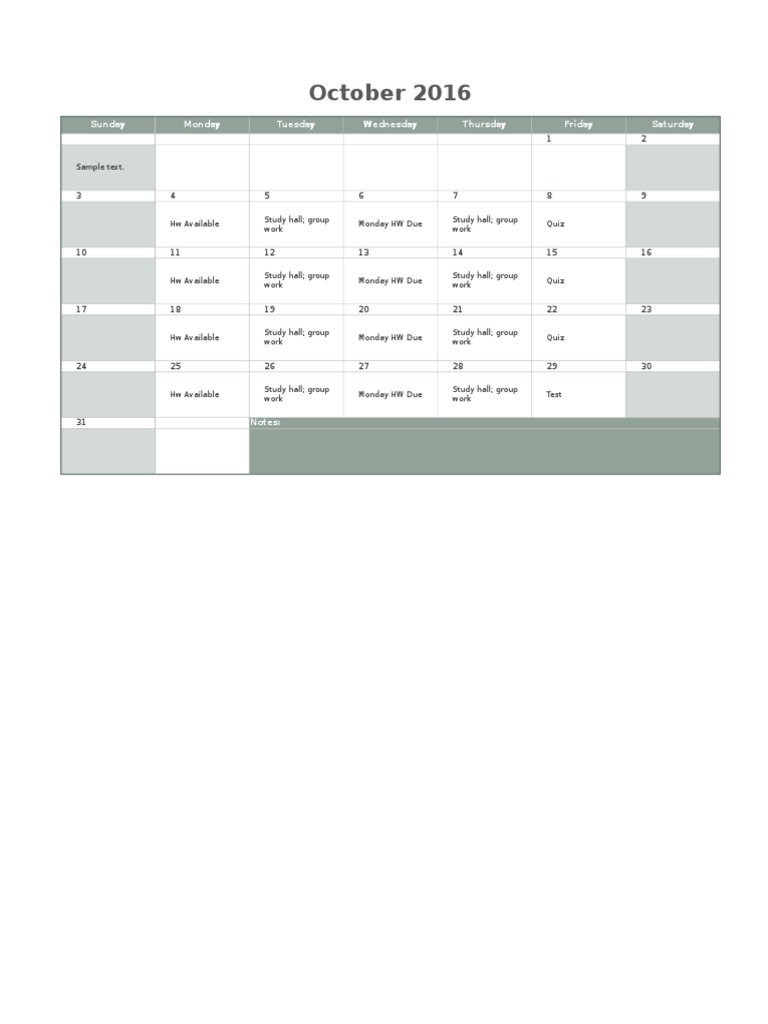 2016 Monthly Homework Calendar | PDF