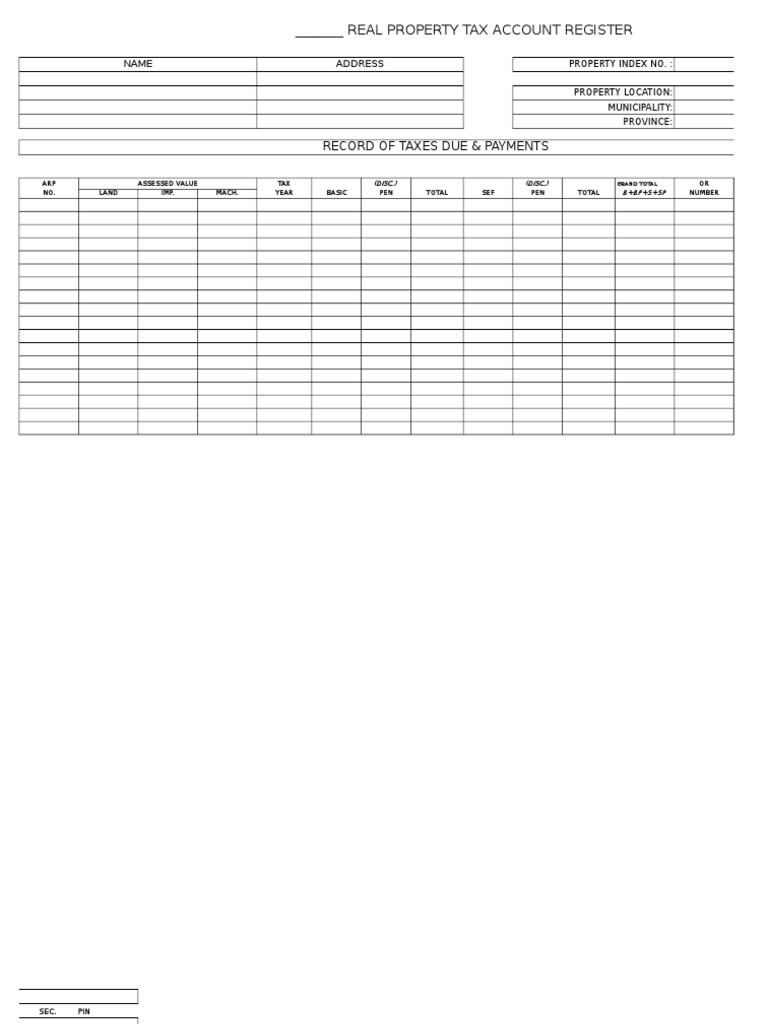 Real Property Tax Account Register: Record of Taxes Due & Payments ...
