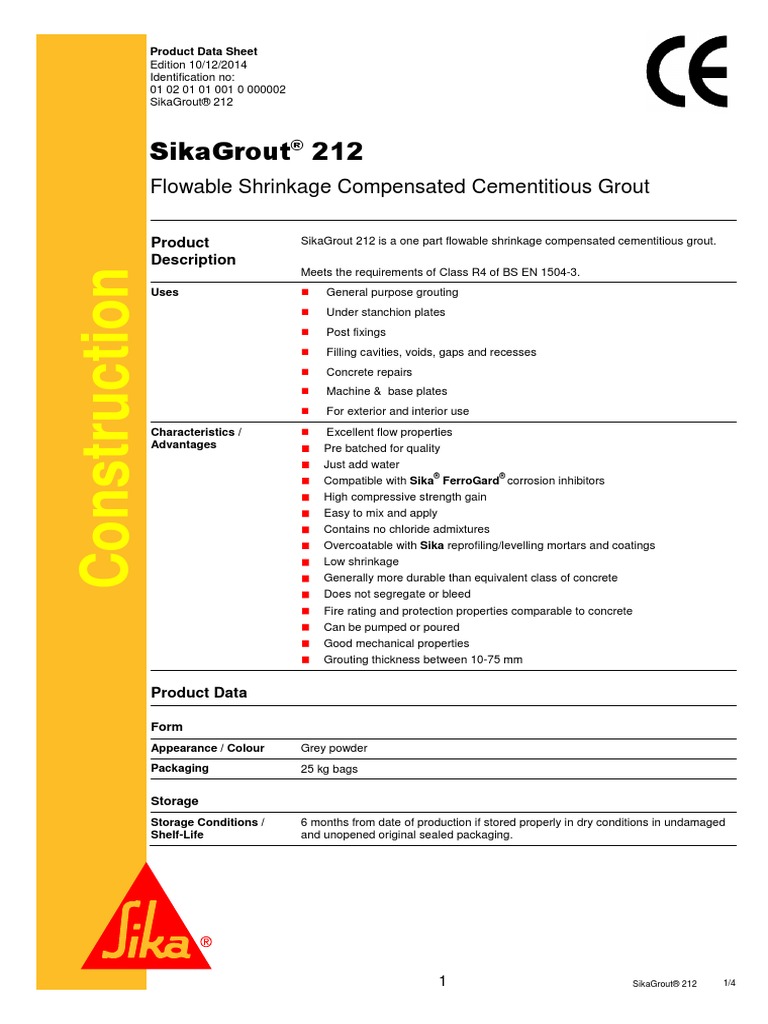 Sikagrout 212: Flowable Shrinkage Compensated Cementitious Grout | PDF ...