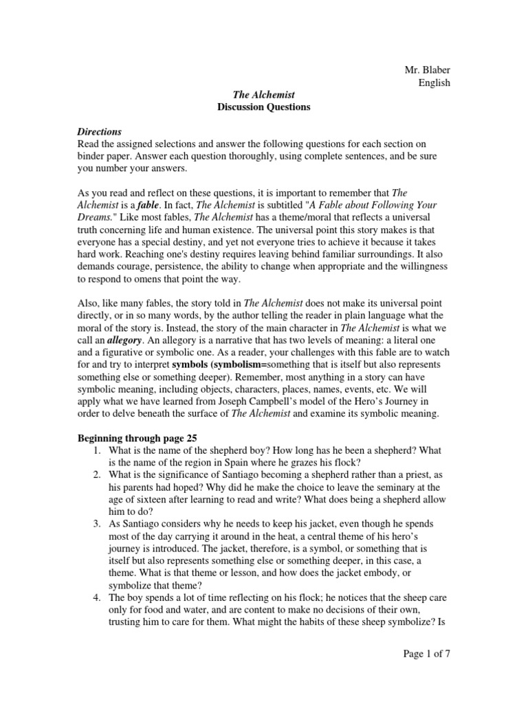 The Alchemist Discussion Questions | PDF | Science | Philosophical Science