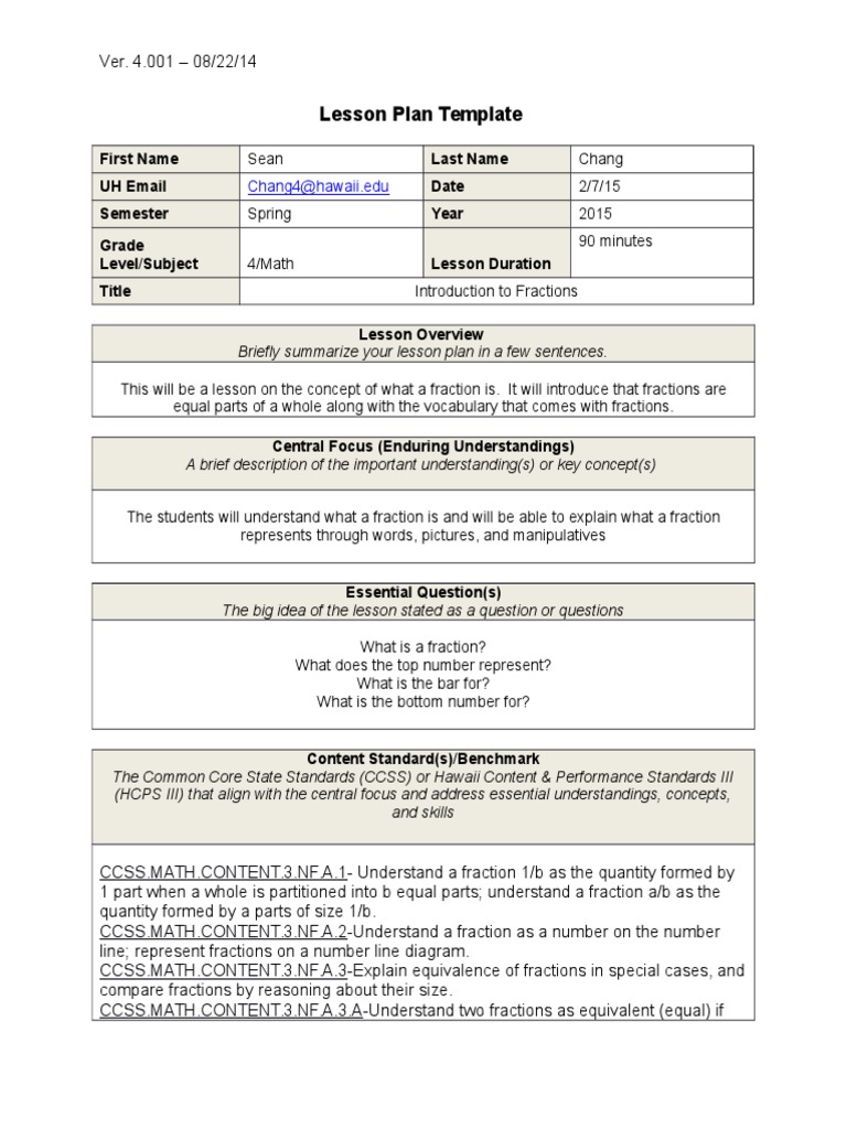 Intro To Fractions Lesson Plan | PDF | Fraction (Mathematics) | Rubric ...