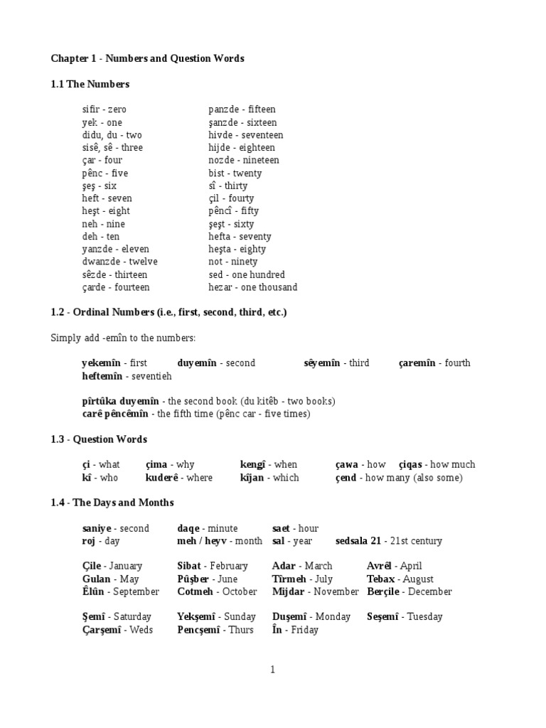 Kurmanji Numbers and Questions Guide | PDF | Verb | Grammatical Gender