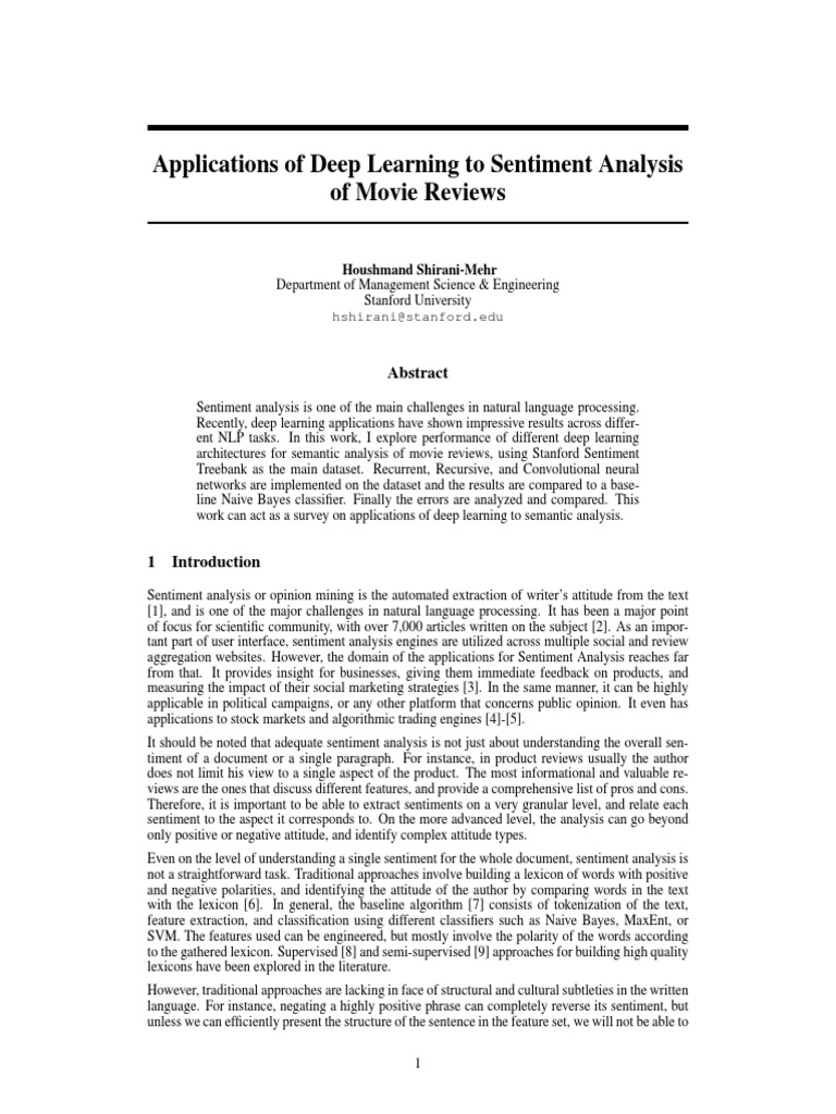 Applications of Deep Learning To Sentiment Analysis of Movie Reviews | PDF | Deep Learning ...