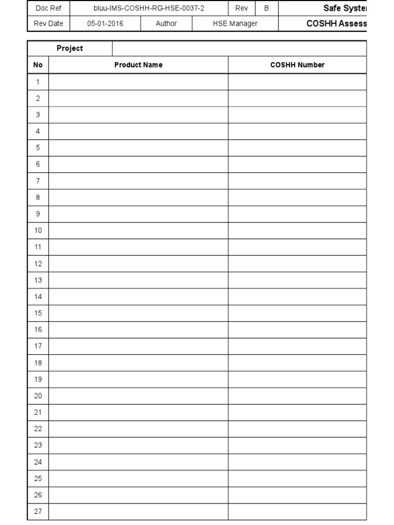 COSHH Assessment Register | PDF
