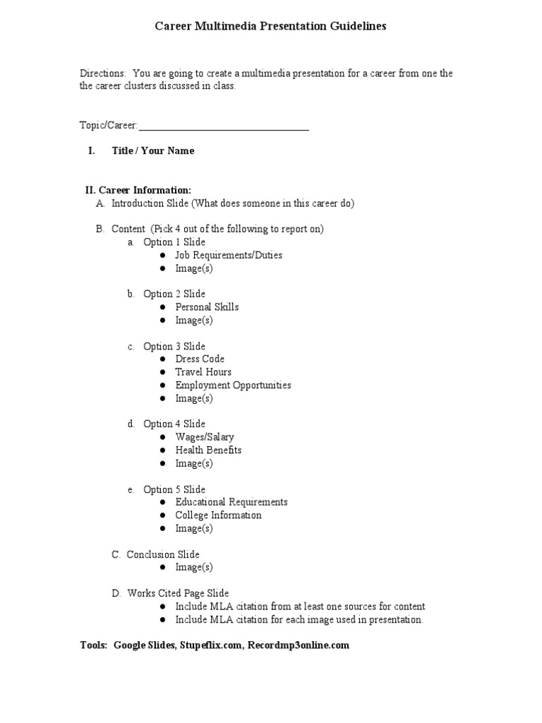 Career Multimedia Presentation Guidelines: I. Title / Your Name | PDF