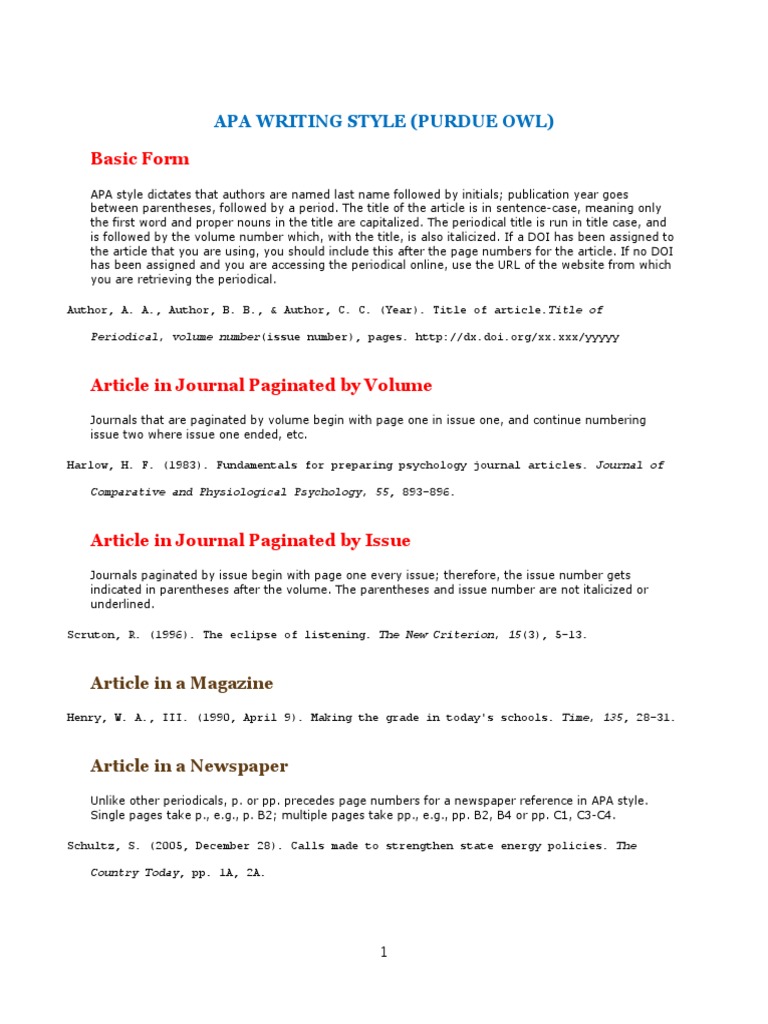 Apa Writing Style - Purdue Owl | PDF | Citation | Apa Style
