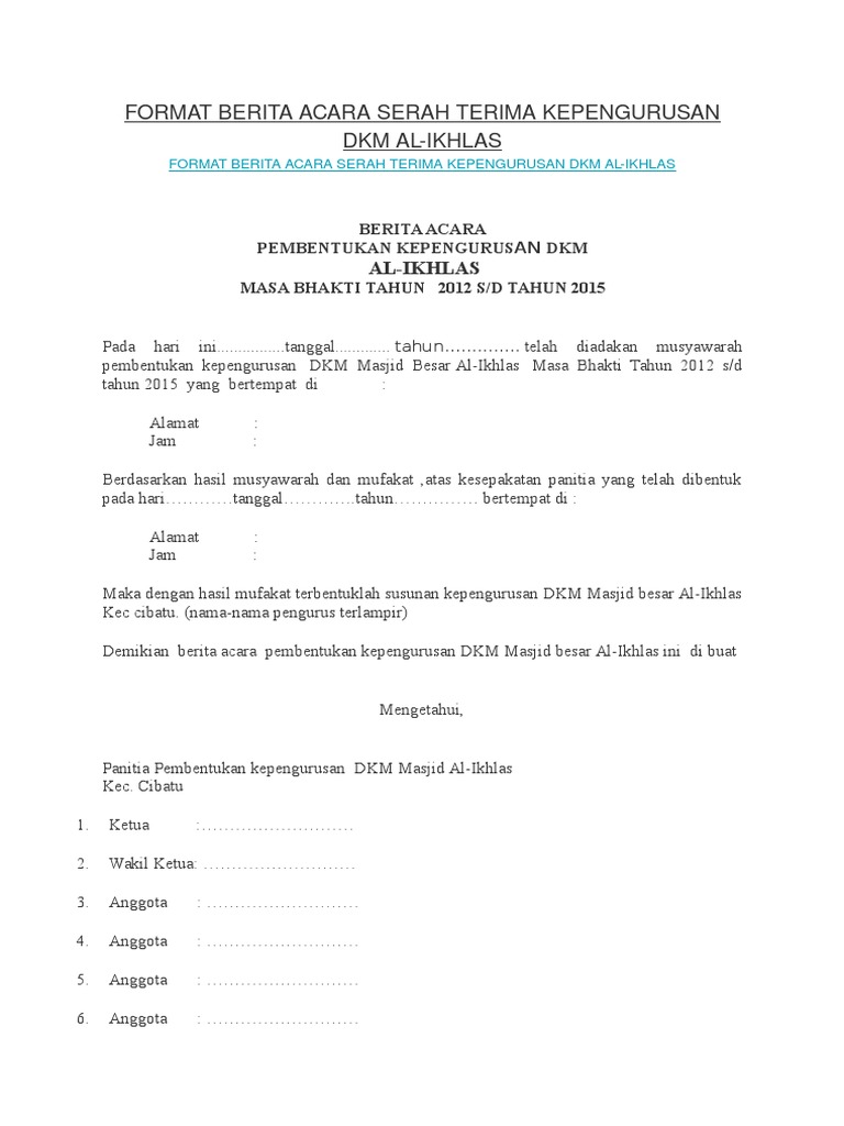 FORMAT BERITA ACARA SERAH TERIMA KEPENGURUSAN DKM AL.docx