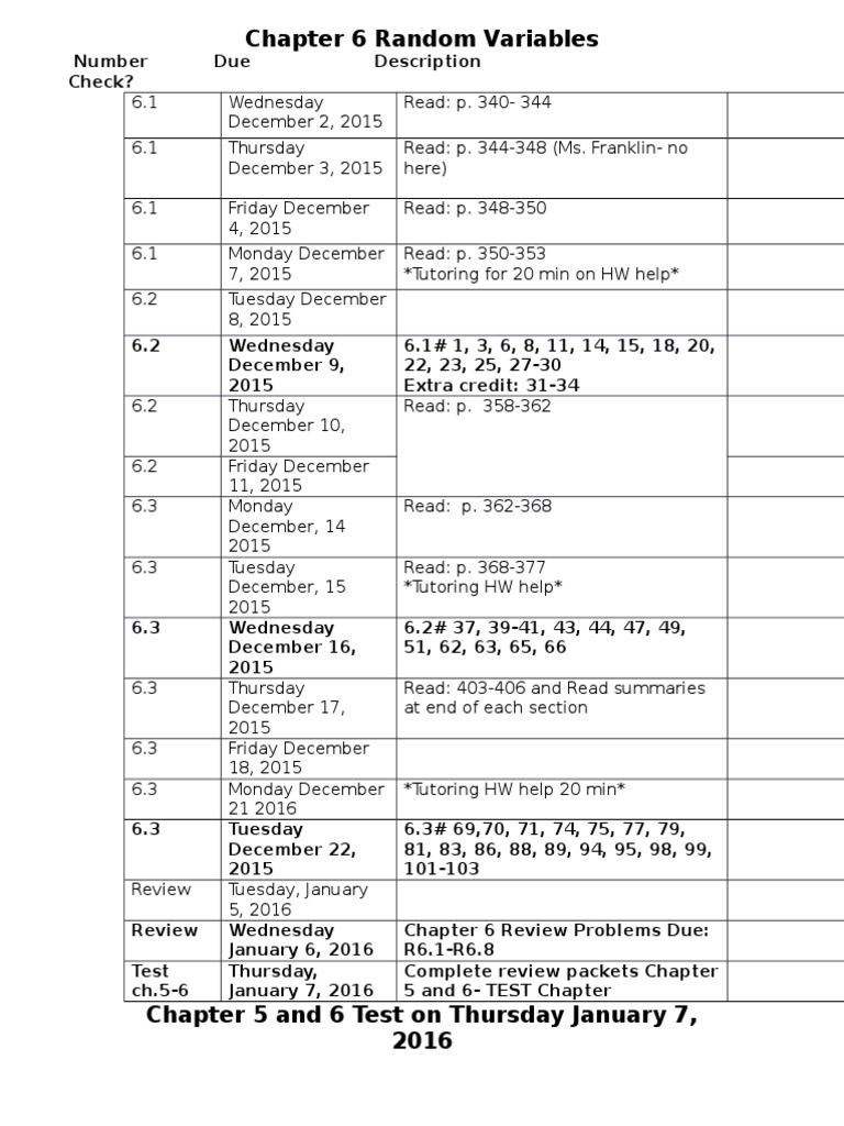 AP Statistics Chapter 6 Schedule | PDF