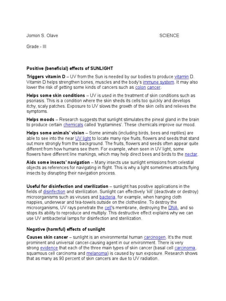 Harmful and Good Effects of Sunlight | PDF | Ultraviolet | Skin Cancer
