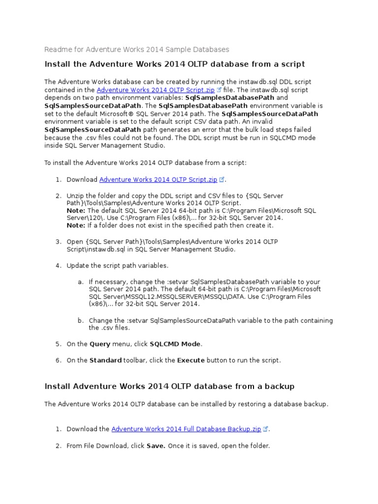 Readme For Adventure Works 2014 Sample Databases | PDF | Microsoft Sql ...