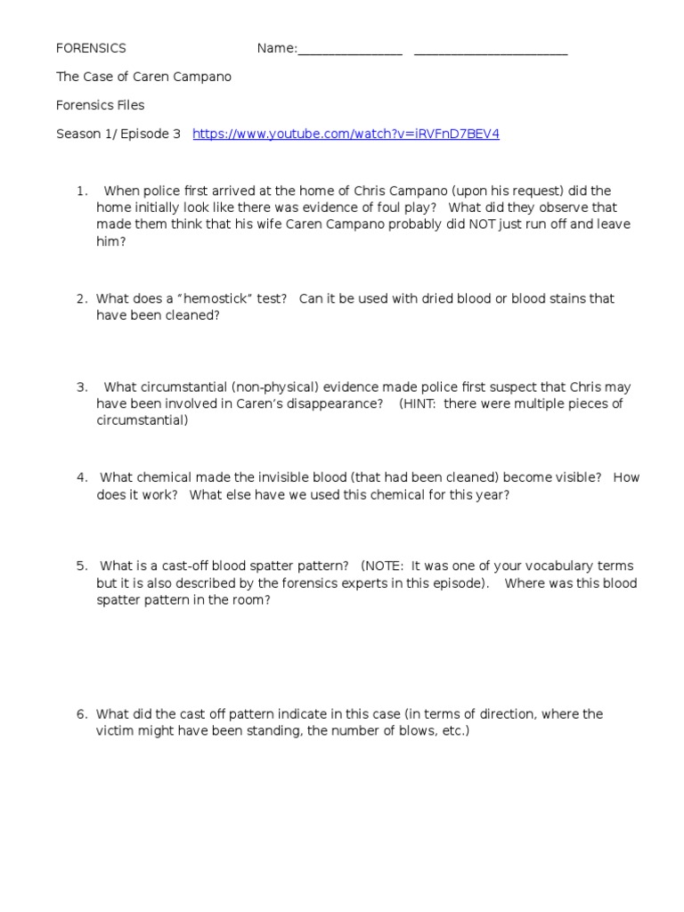 Forensics Blood Spatter Forensics Files Episode Caren Campano | PDF ...