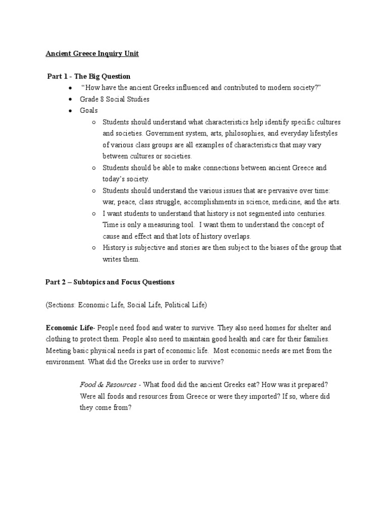 Ancient Greece Inquiry Unit Part 1 - The Big Question | PDF | Sparta ...