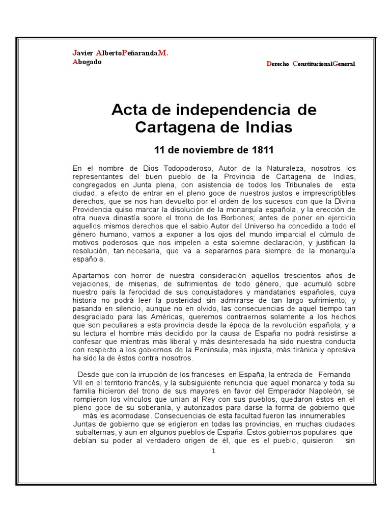 Declaración de Independencia Cartagena de Indias 1811 | PDF | España ...