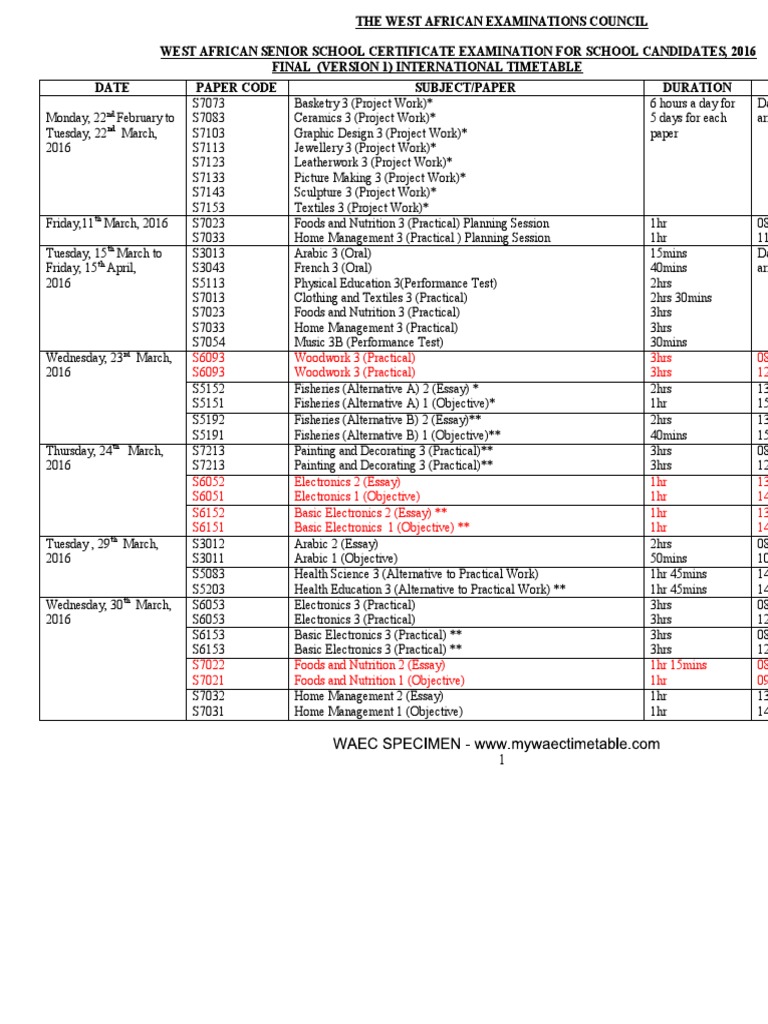 2016 WAEC / WASSCE Time table - May June | Shorthand | Plumbing | Free ...