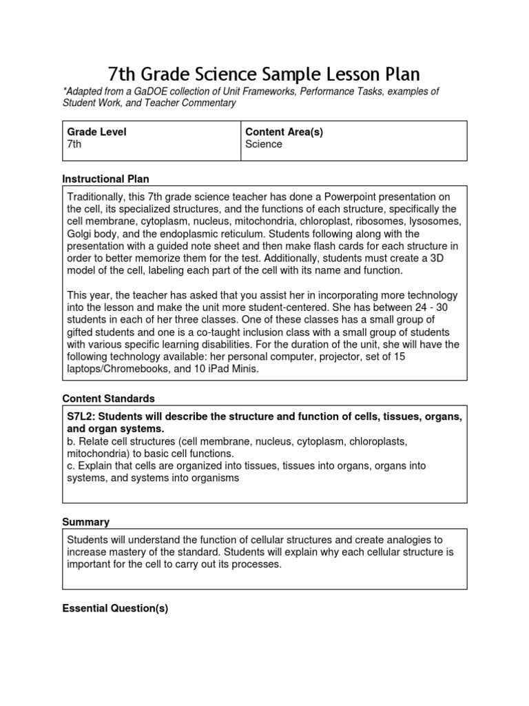Lesson Plan On Cell Structure
