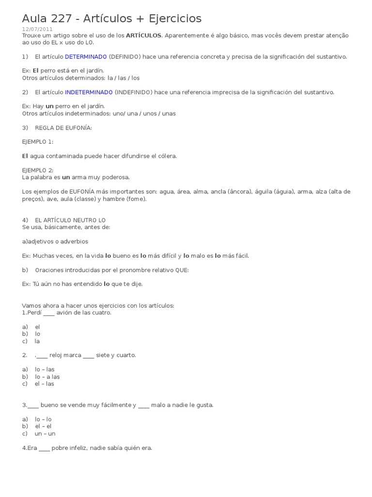 Ejercicios sobre los artículos en español | PDF | Onomástica | Mecánica ...
