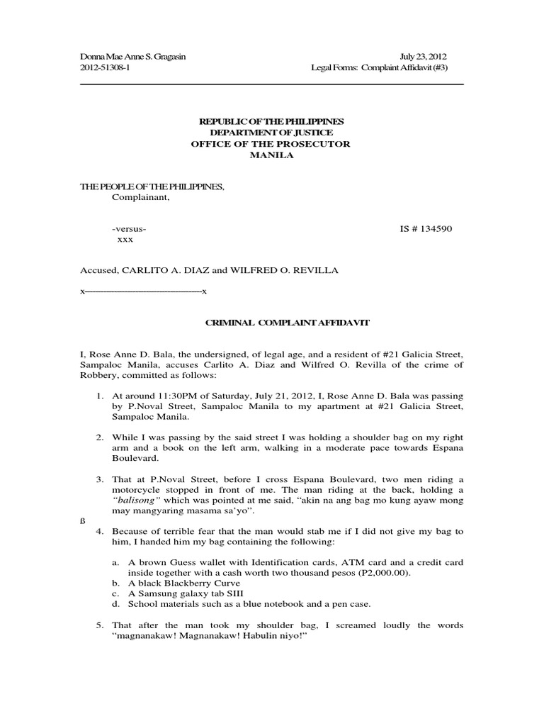 Complaint Affidavit Sample | PDF | Crime & Violence | Crime Thriller