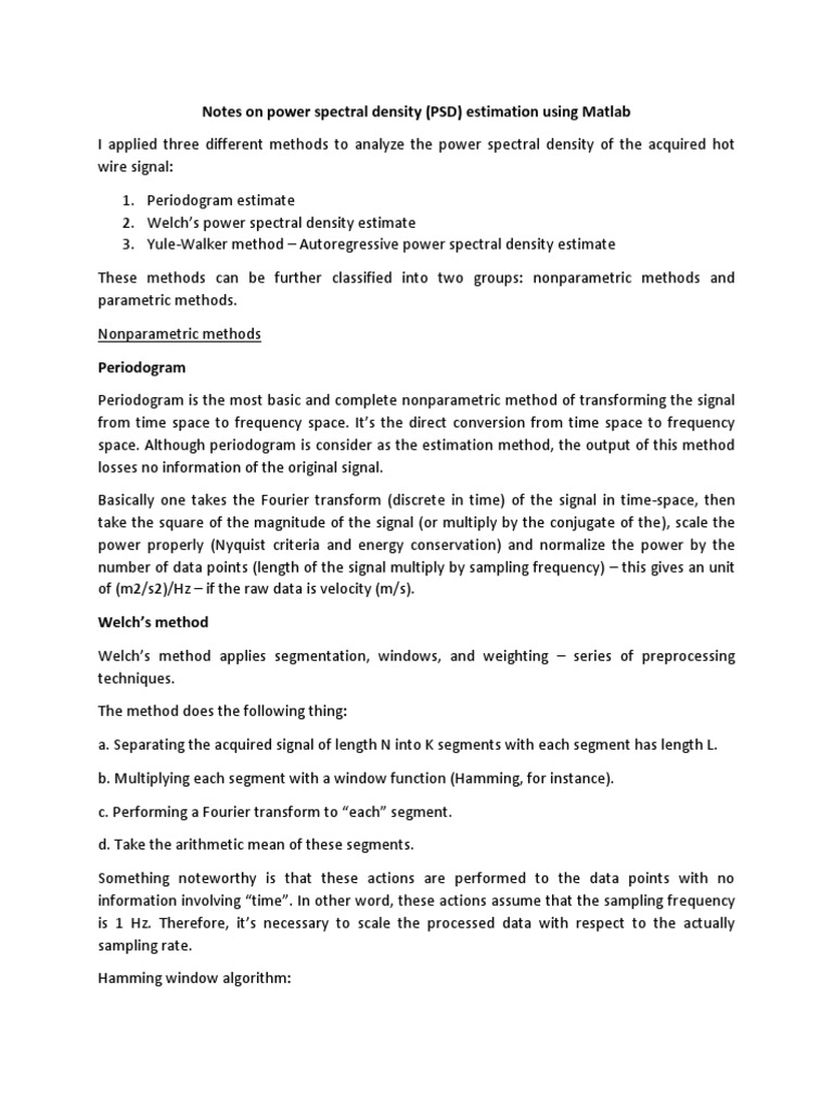 Notes On Power Spectral Density Psd Estimation Using Matlab Pdf