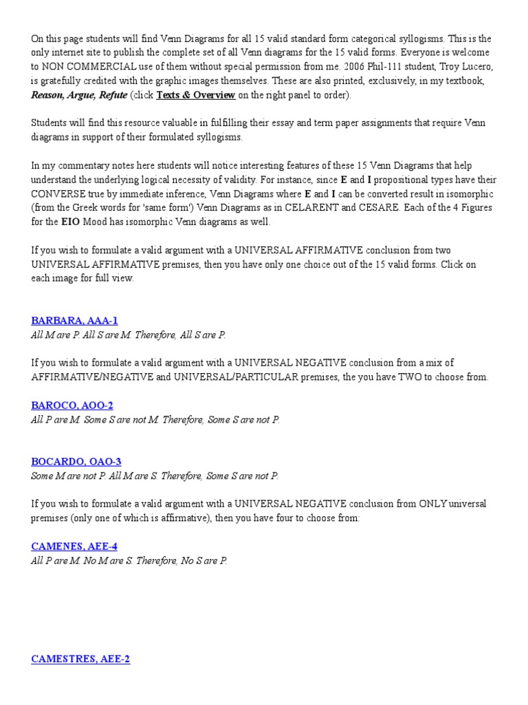 Venn Diagrams For All 15 Valid Standard Form Categorical Syllogisms ...